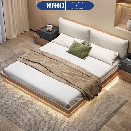 Mua [TẶNG LỌ HOA] Giường ngủ Japanese đèn led kèm gối tựa đầu giường ...